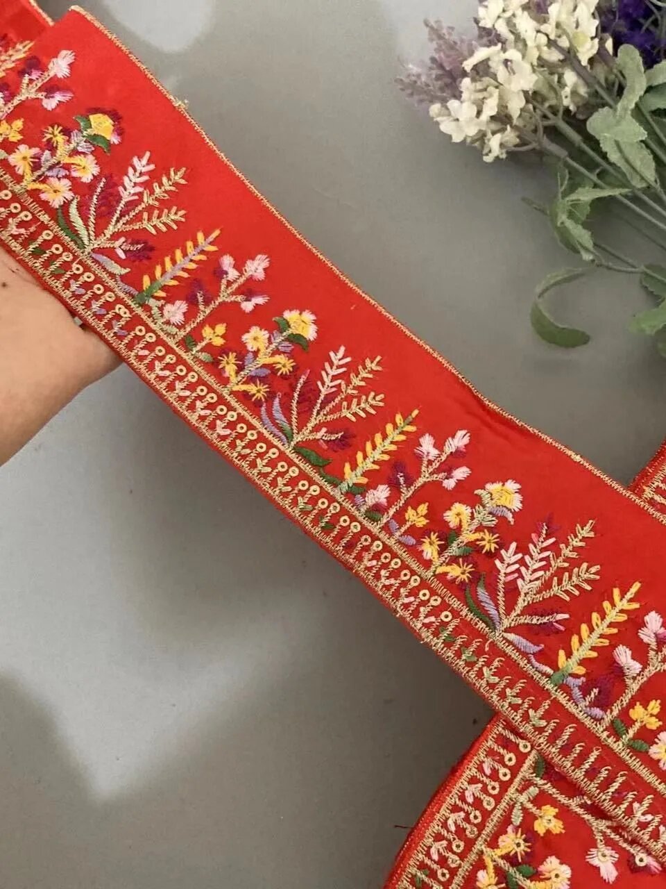 Тесьма лента трикотажная, 6.5 см, 2 метра Тесьма декоративная, с народным узором, для декора, рукоделия и творчества, красный