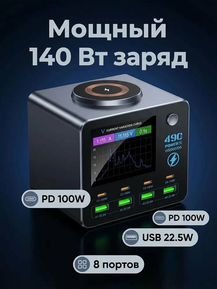 Беспроводная зарядная станция 140W, многоразъемная, с цифровым дисплеем
