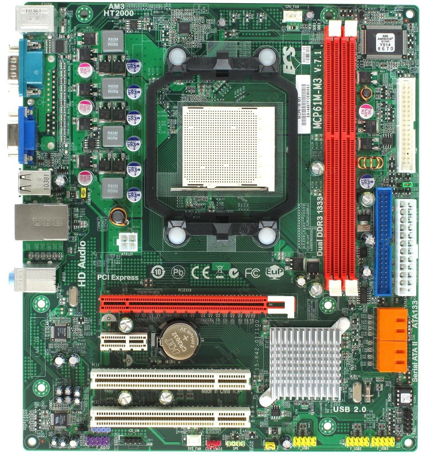 Материнская плата ECS MCP61M-M3 SocketAM3 GeForce 6100 PCI-E+SVGA+LAN SATA RAID MicroATX 2DDR3