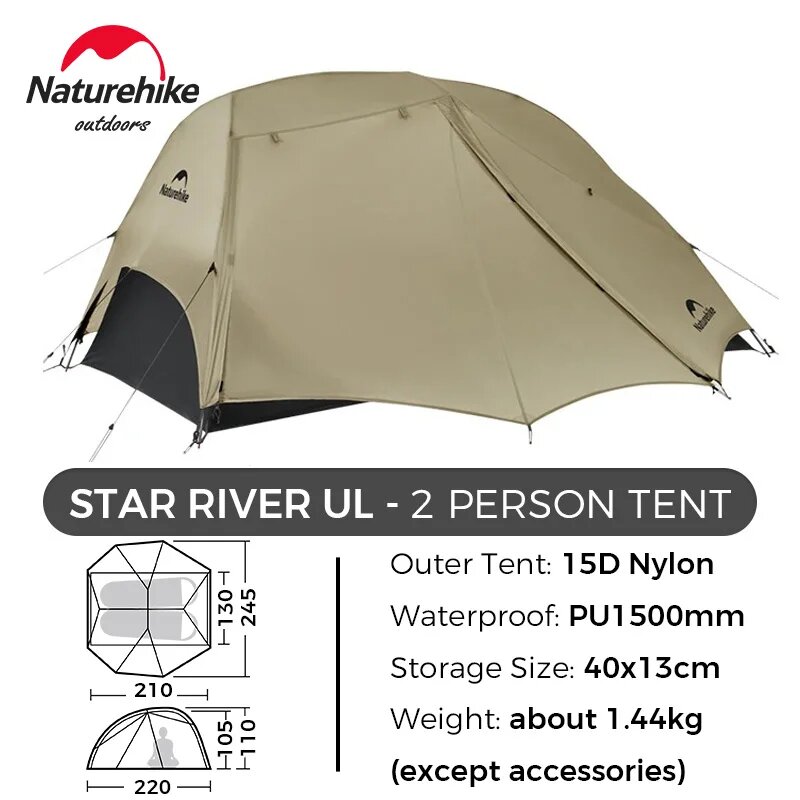 Палатка для походов Naturehike Star River на 2 человека, двойной слой, ультralегкая, для кемпинга, пеших прогулок, путешествий и пляжа с матрасом - Star River UL-Sand