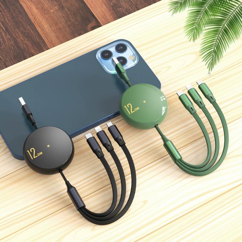 Зеленый и черный 1,2 м двухголовый телескопический кабель USB-C быстрой зарядки 3 в 1 для iPhone, Samsung, Huawei,