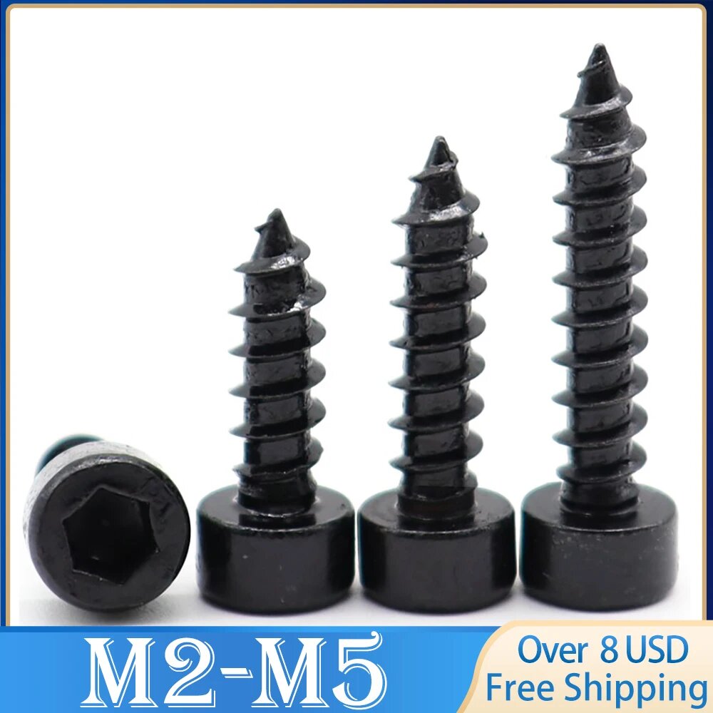 Шестигранные саморезы черные M2x16мм, углеродистая сталь 8.8, 100шт