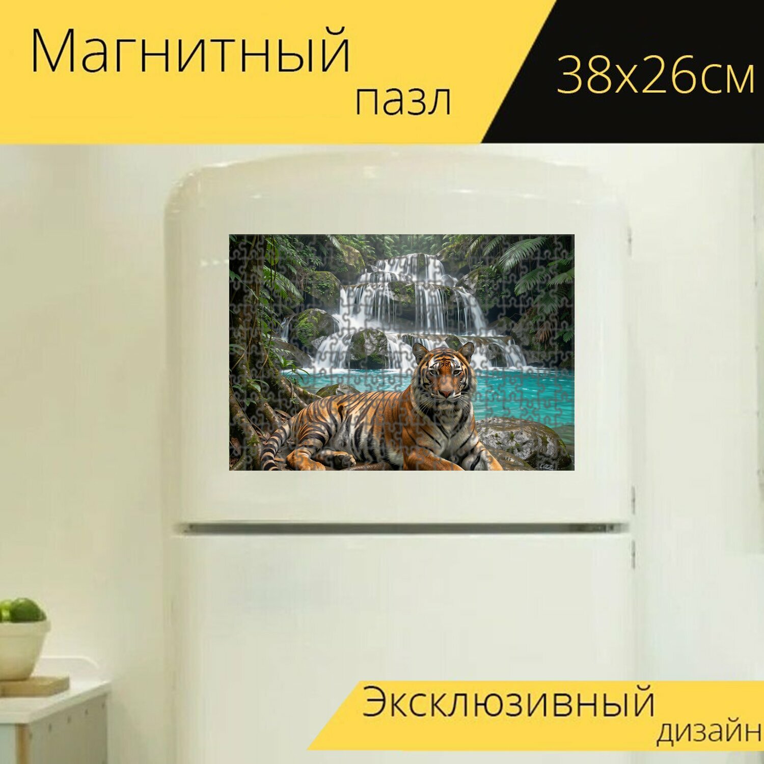 Магнитный пазл "Тигр у тропического водопада. Дикая хищная кошка лежит на камнях у бирюзовой лагуны, вокруг густые джунгли и каскады воды. Фотореализм." для интерьера, 38х26 см.