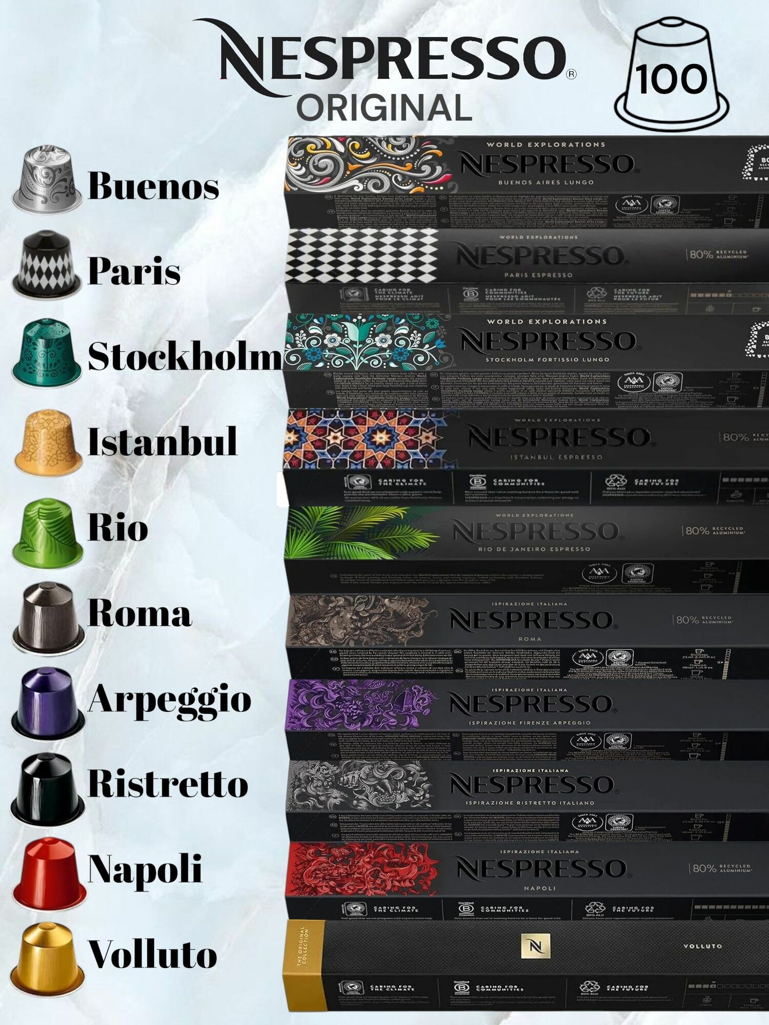 Набор кофе в капсулах Nespresso Original Volluto, Napoli, Ristretto, Arpeggio, Roma, Rio, Istanbul, Stockholm, Paris, Buenos Aires