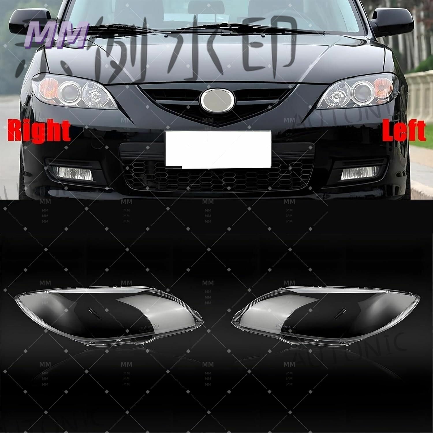 Стекла на фары Mazda 3 BK седан 2003-2009 — комплект левое и правое из поликарбоната для замены родных фар в наборе