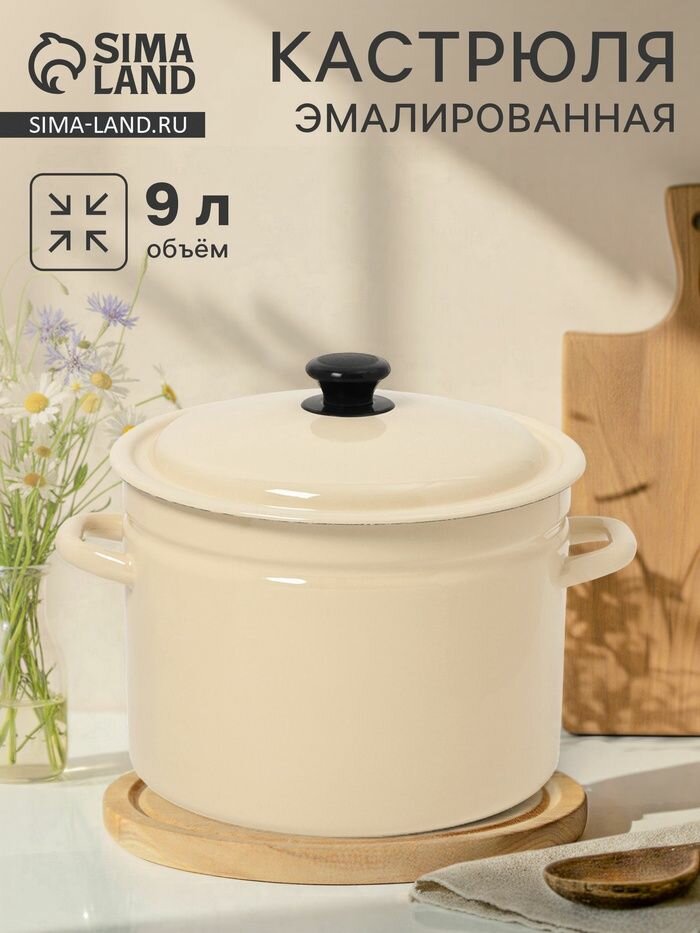 Кастрюля эмалированная, 9 л, d 26.5 см, с крышкой, без декора, цвет слоновой кости