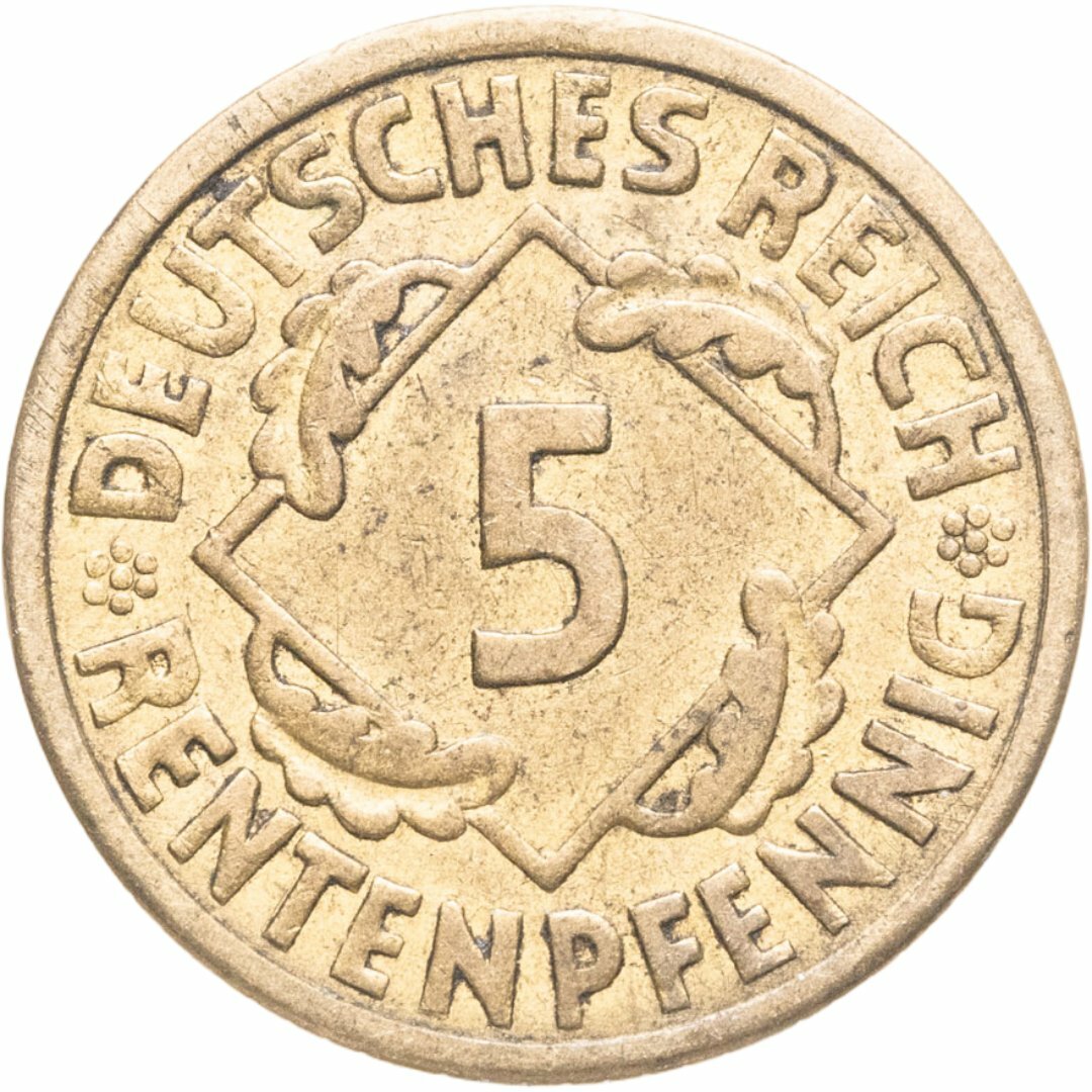 Германия 5 рентенпфеннигов rentenpfennig 1924 А, Алюминиевая бронза, в сохранности XF