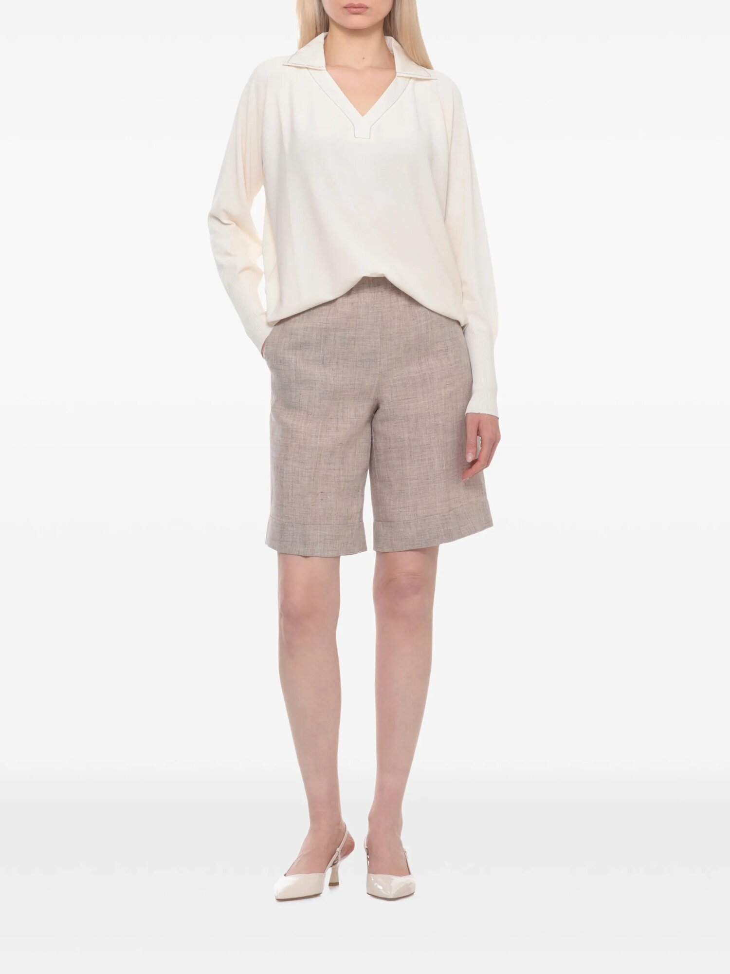 Топ D.EXTERIOR Chain-trim collared top, размер 44, бежевый/белый — фото 1