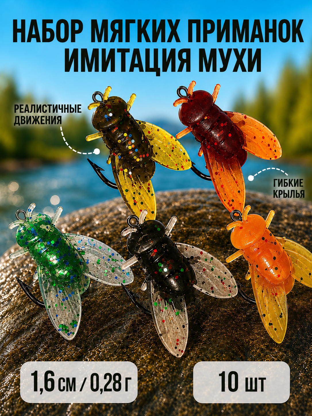 Набор рыболовных реалистичных, мягких приманок Micro Bait Fly, имитация мухи, для белого карася и мандаринки 1,6 см/0,28 г, 10 шт, разноцветные