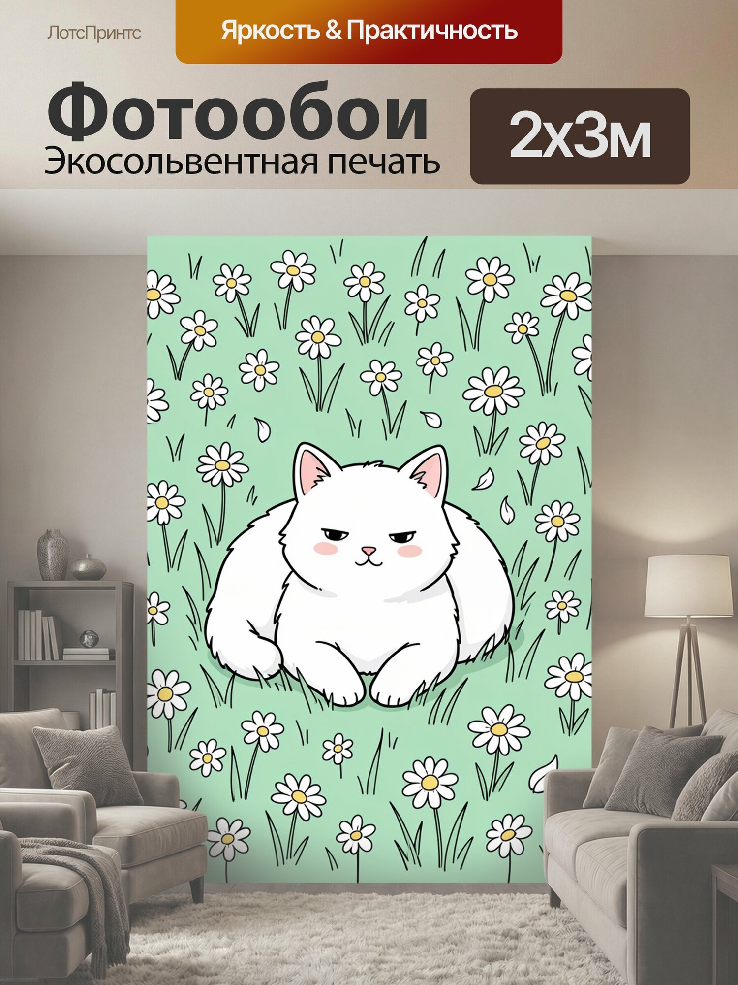 Фотообои "Белый кот среди ромашек. Милый пушистый зверёк с розовыми ушками отдыхает на зелёной лужайке, вокруг много белых полевых цветов и." 200x300 см. экосольвентная печать