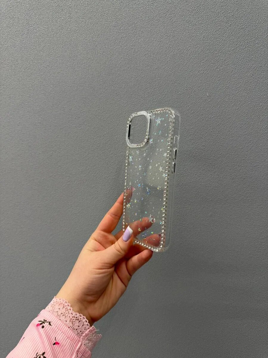 Защитный чехол, для iPhone 15, прозрачный, со стразами, защита камеры — фото 1