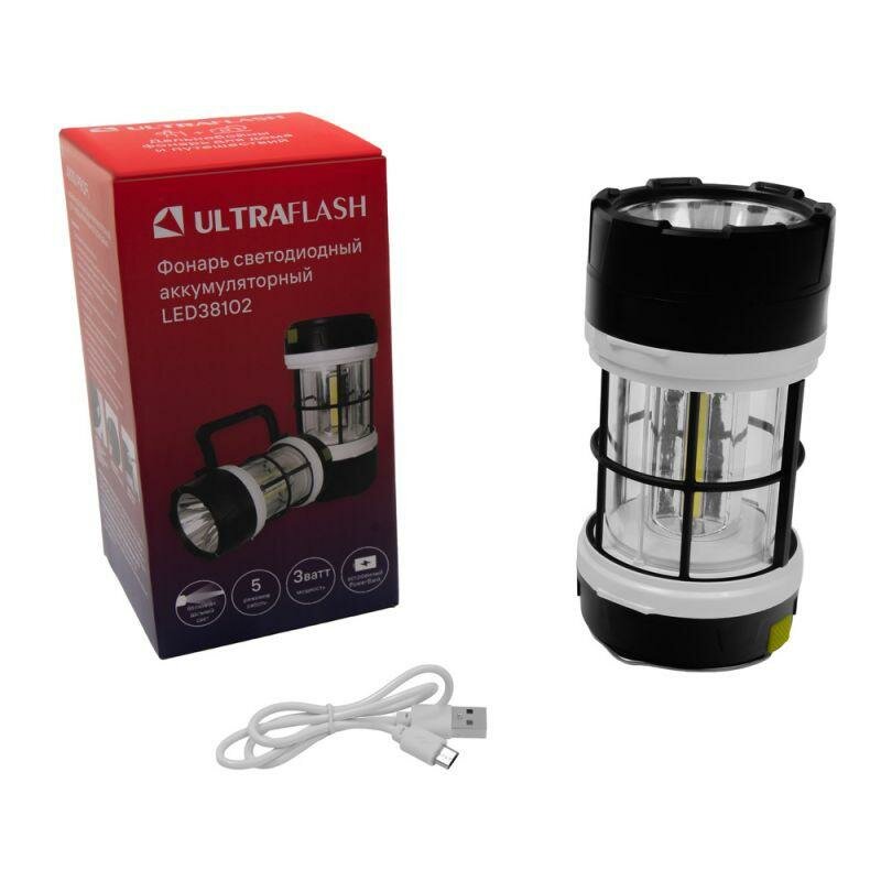 Фонарь аккумуляторный LED38102 LED+3COB 5 реж. Micro-USB PowerBank пластик коробка черн./бел. Ultraflash 15952