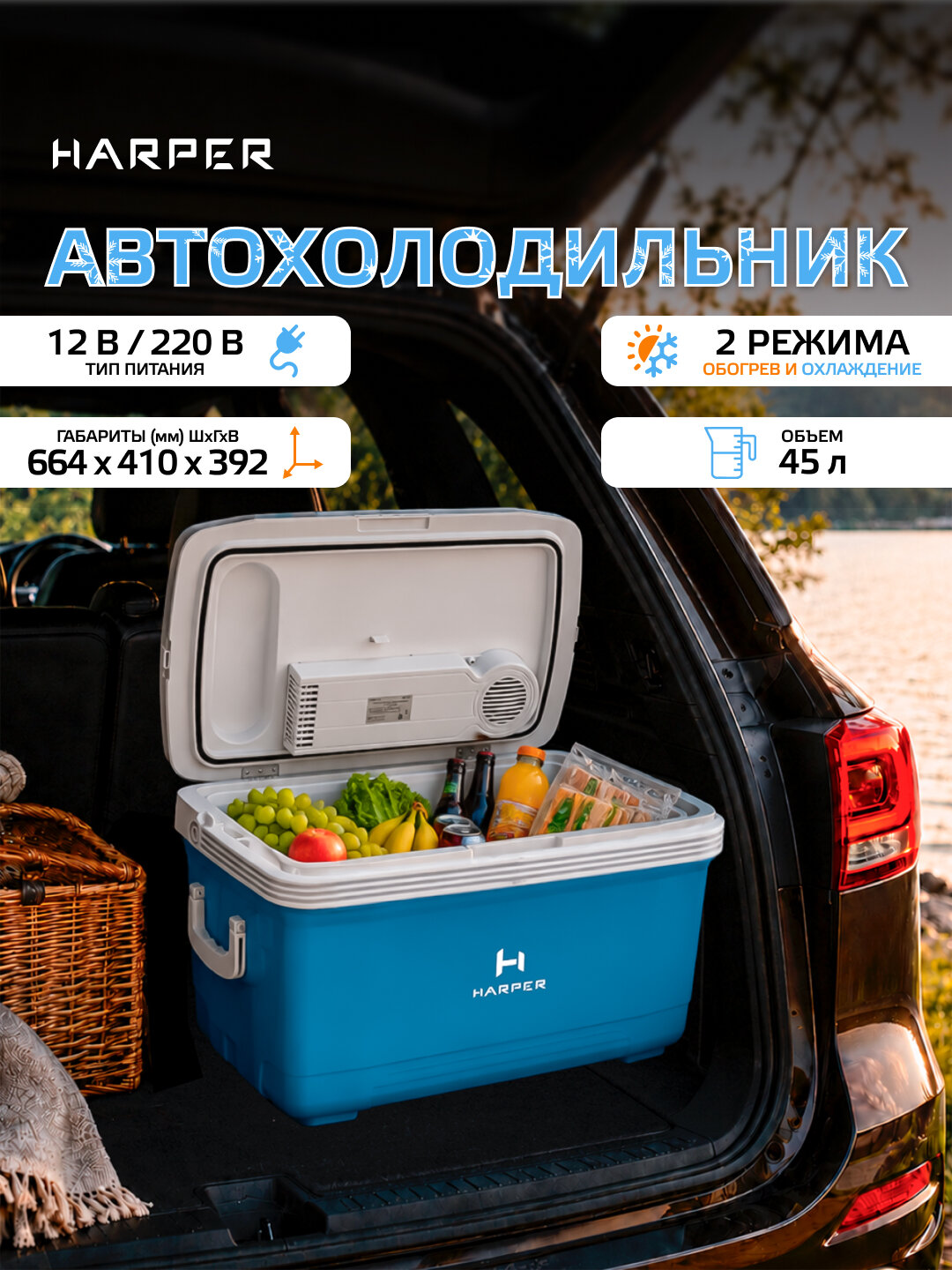 Автохолодильник 12в 220в Harper CBH-145 blue / термоэлектрический (элемент Пельтье) 12V и 220 Вт / 45 л, серо-синий