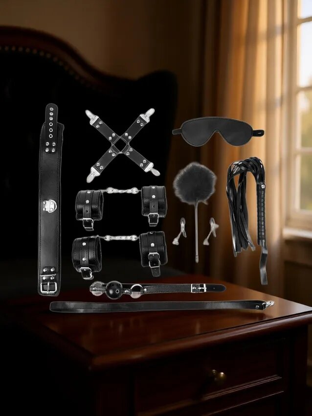 Bior toys Большой набор БДСМ в черном цвете: маска, кляп, зажимы, плётка, ошейник, наручники, оковы, щекоталка, фиксатор