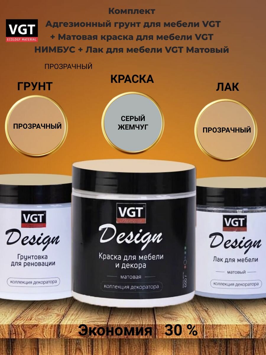 Комплект Адгезионный грунт для мебели + Матовая краска VGT Design серый жемчуг+ Лак для мебели VGT Матовый
