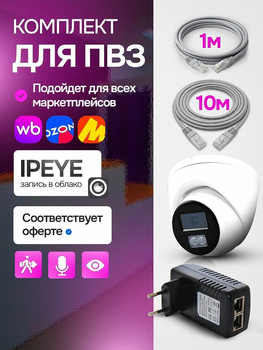 Готовый комплект видеонаблюдения для ПВЗ, облако IPEYE, IP камера с PoE - 1 шт. с микрофоном, PoE инжектор, кабели RJ45