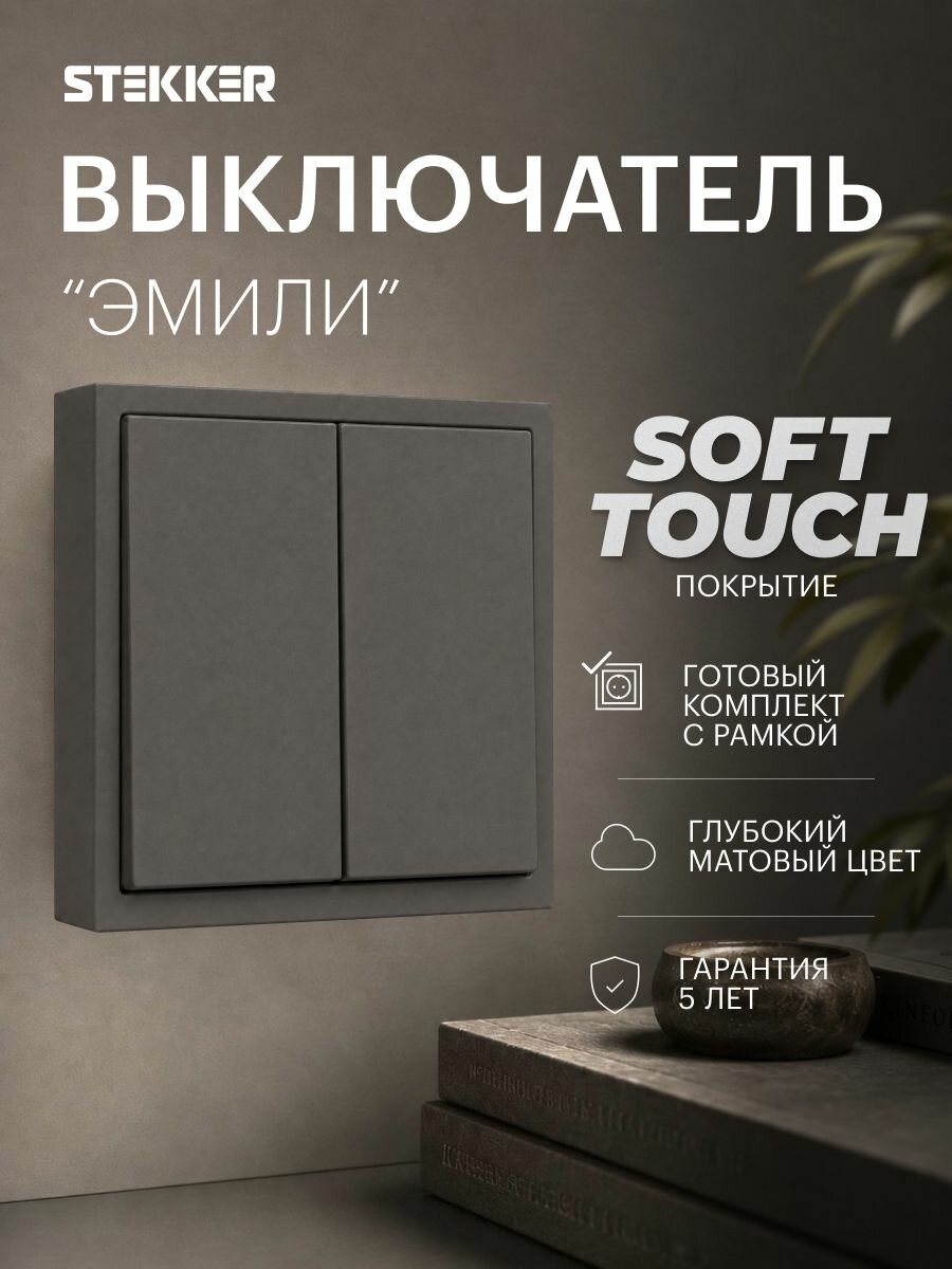 Выключатель двухклавишный встраиваемый с рамкой, готовый комплект, антрацит, 10А 250В, Stekker Эмили 50962