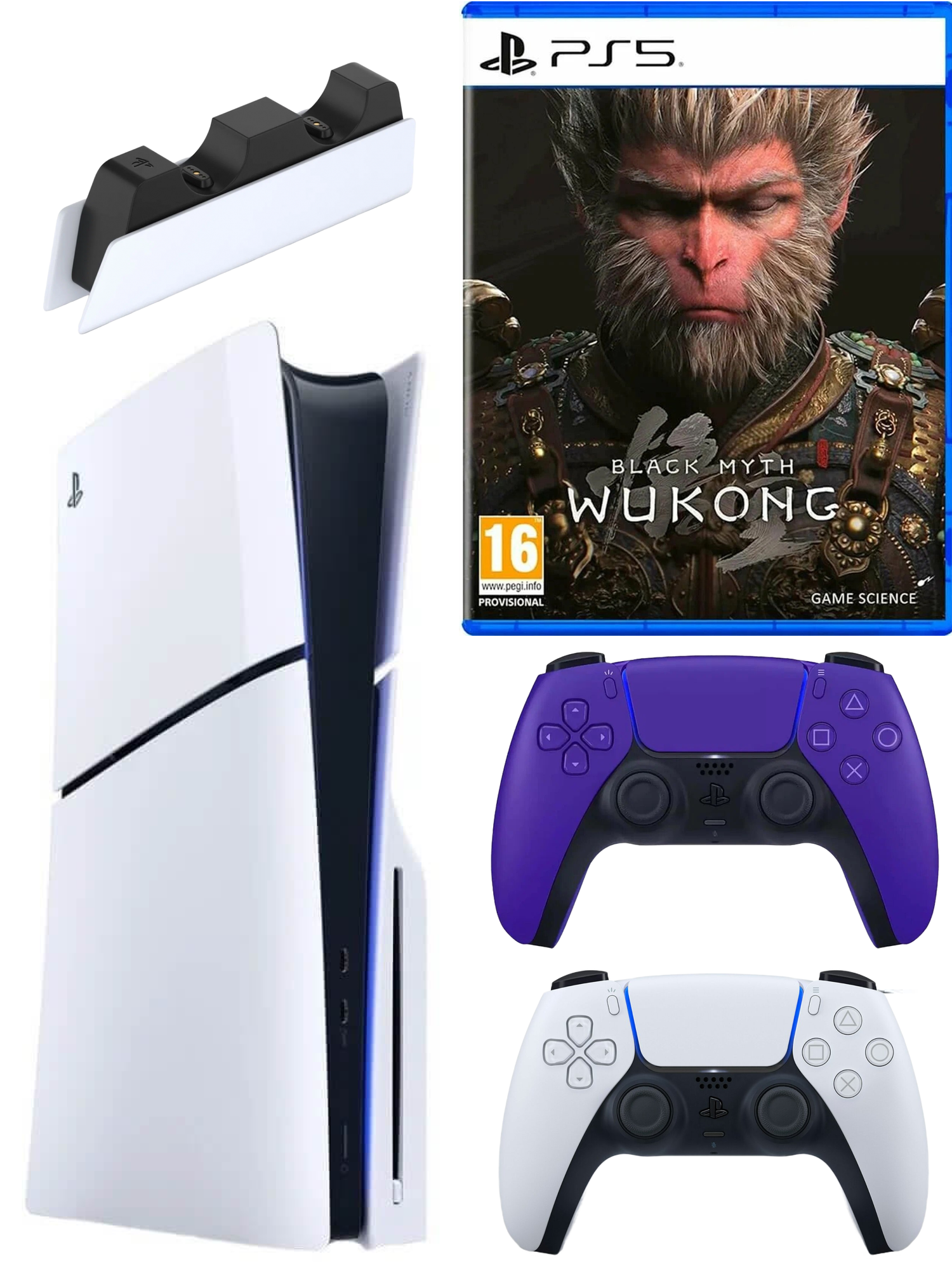 Игровая приставка Sony PS 5 Slim, 1ТБ(с дисководом)+2 геймпад(purple)+Зарядная станция+Black Myth: Wukong