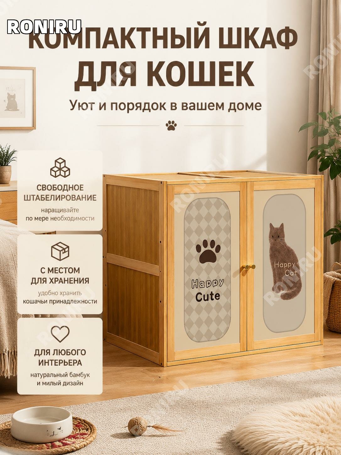 Напольный шкаф для одежды из бамбука80 см, натуральный цвет, рисунок кота