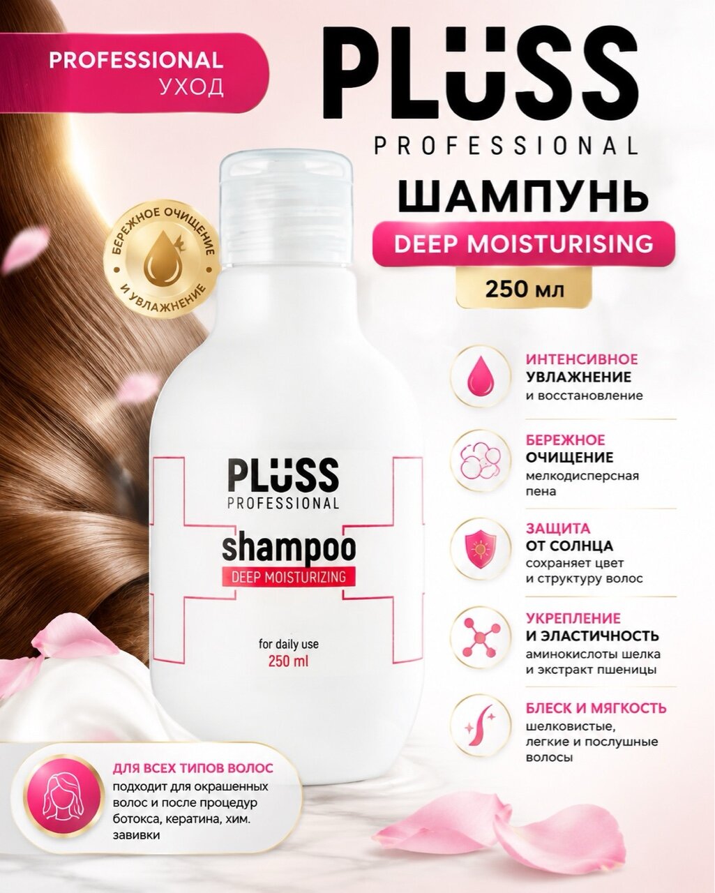 Шампунь PLUSS Professional Deep Moisturising, для поврежденных волос, парфюмированный, 250мл