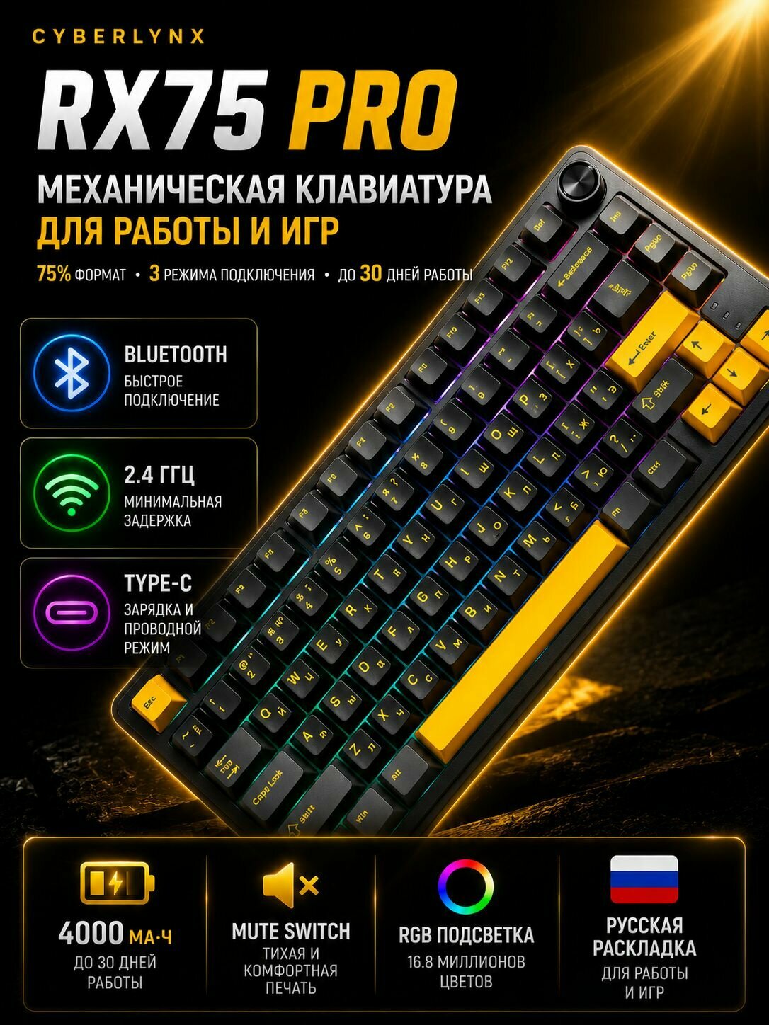 Клавиатура CyberLynx RX75 Pro (Black Gray Yellow, Blue Switch) игровая беспроводная механическая, RGB-подсветка, русская раскладка