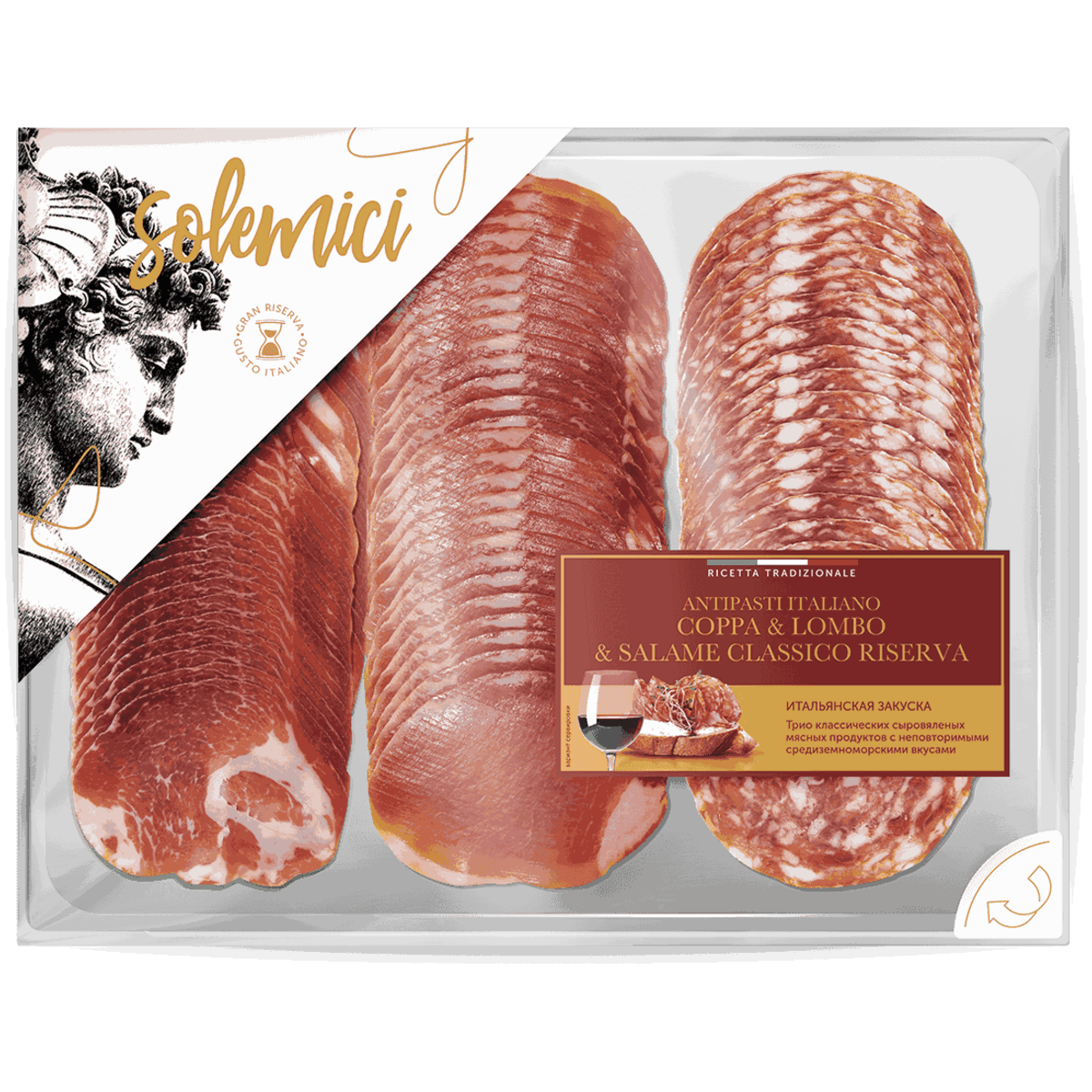 Ассорти колбас Solemici Коппа/Ломбо/Салями Классико Резерва сыровяленые нарезка 90 г
