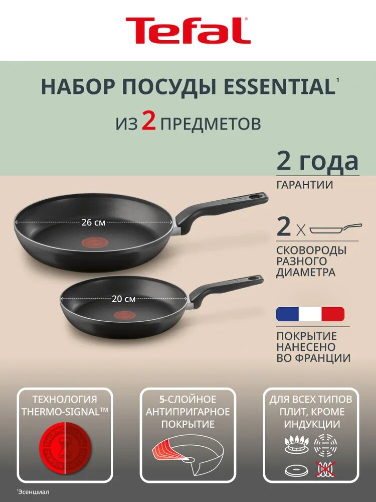 Набор сковород 20/26 см Tefal Essential с индикатором температуры, с антипригарным покрытием, подходит для газовых, электрических плит