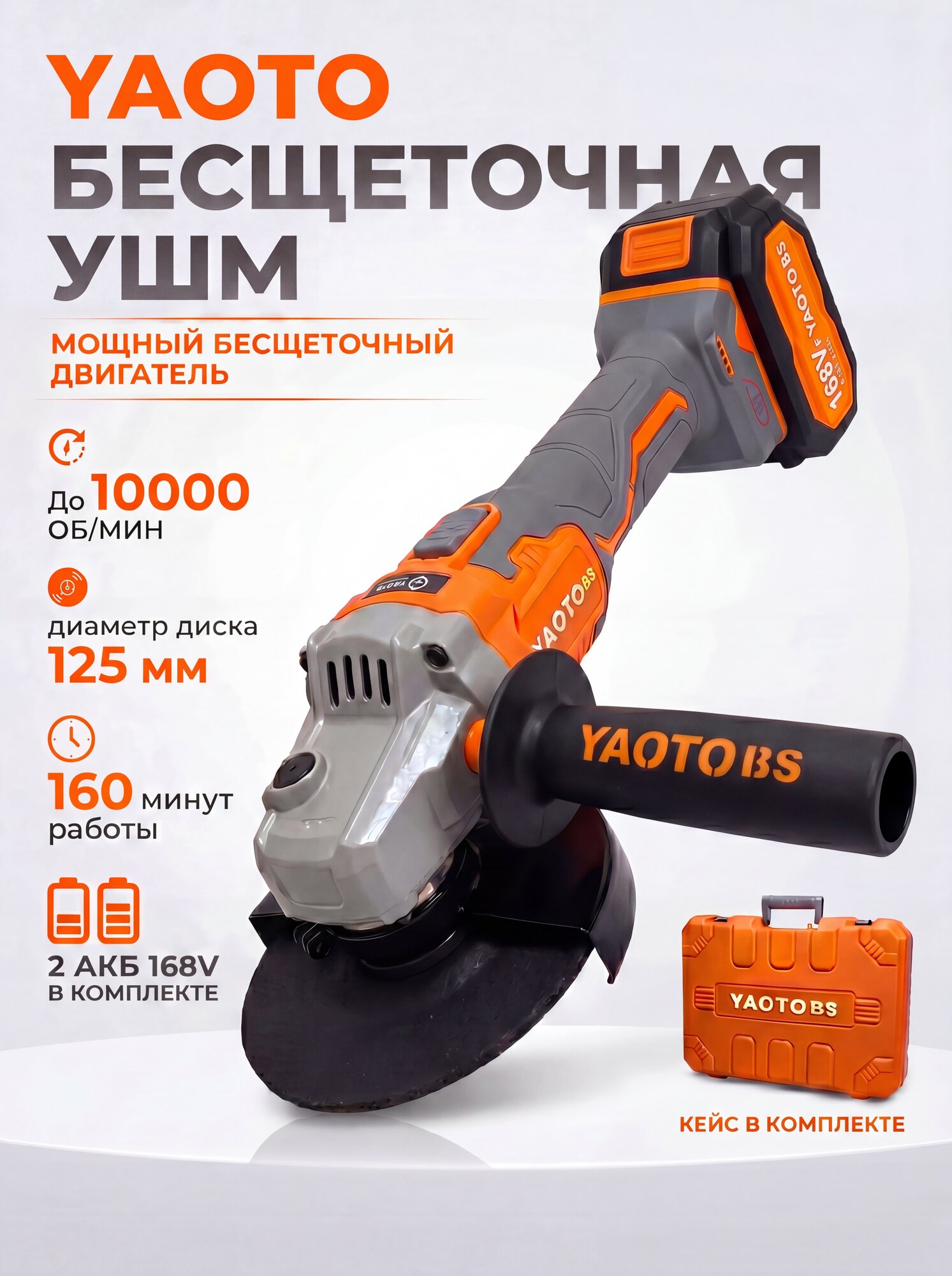 Болгарка аккумуляторная бесщеточная, УШМ 10000 об/мин, 4 Ah, 125 мм в кейсе 2 АКБ YAOTO BS 168Vf
