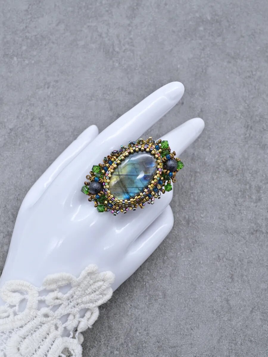 Кольцо, кристалл, бисер, кристаллы Swarovski