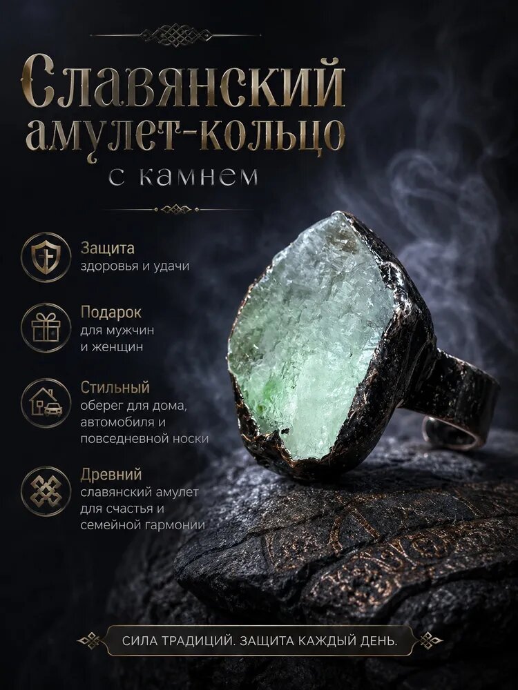 Оберег Славянское кольцо-амулет с зеленым камнем, на защиту, удачу и гармонию, унисекс, подарок со смыслом