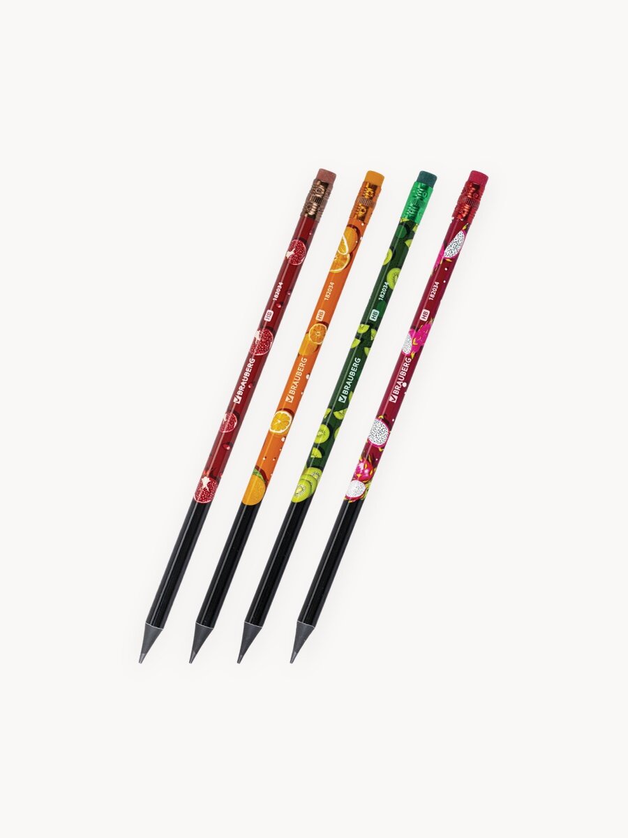 Карандаши простые чернографитные Hb, набор 12 штук для рисования, школы и офиса с ластиком, Brauberg Juicy Fruit, 182034