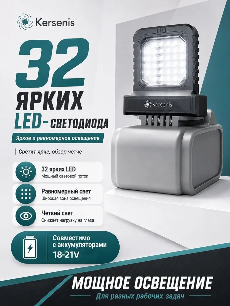 Kersenis универсальный компактный LED фонарь 20-21В для аккумуляторов, рабочий светильник для гаража и стройки, без АКБ