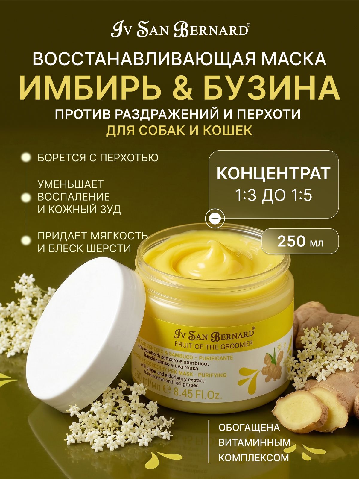 Маска для шерсти Iv San Bernard Fruit of the Groomer Ginger&Elderbery восстанавливающая с противовоспалительным эффектом 250 мл
