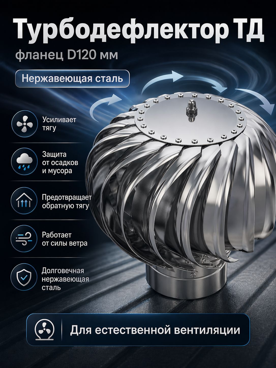 Турбодефлектор ТД фланец D120 нержавеющая сталь