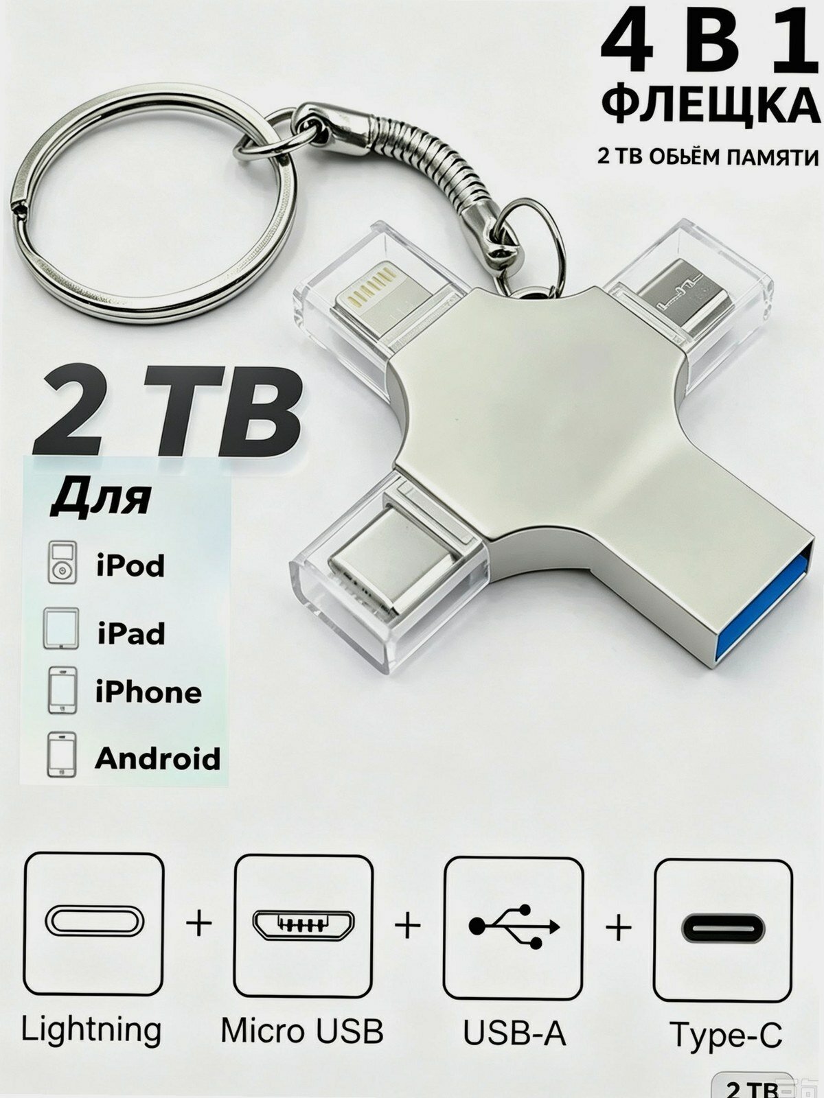 Флешка 4 в 1 USB Type-C USB 3.0 серебристая с угловым коннектором для телефона и компьютера