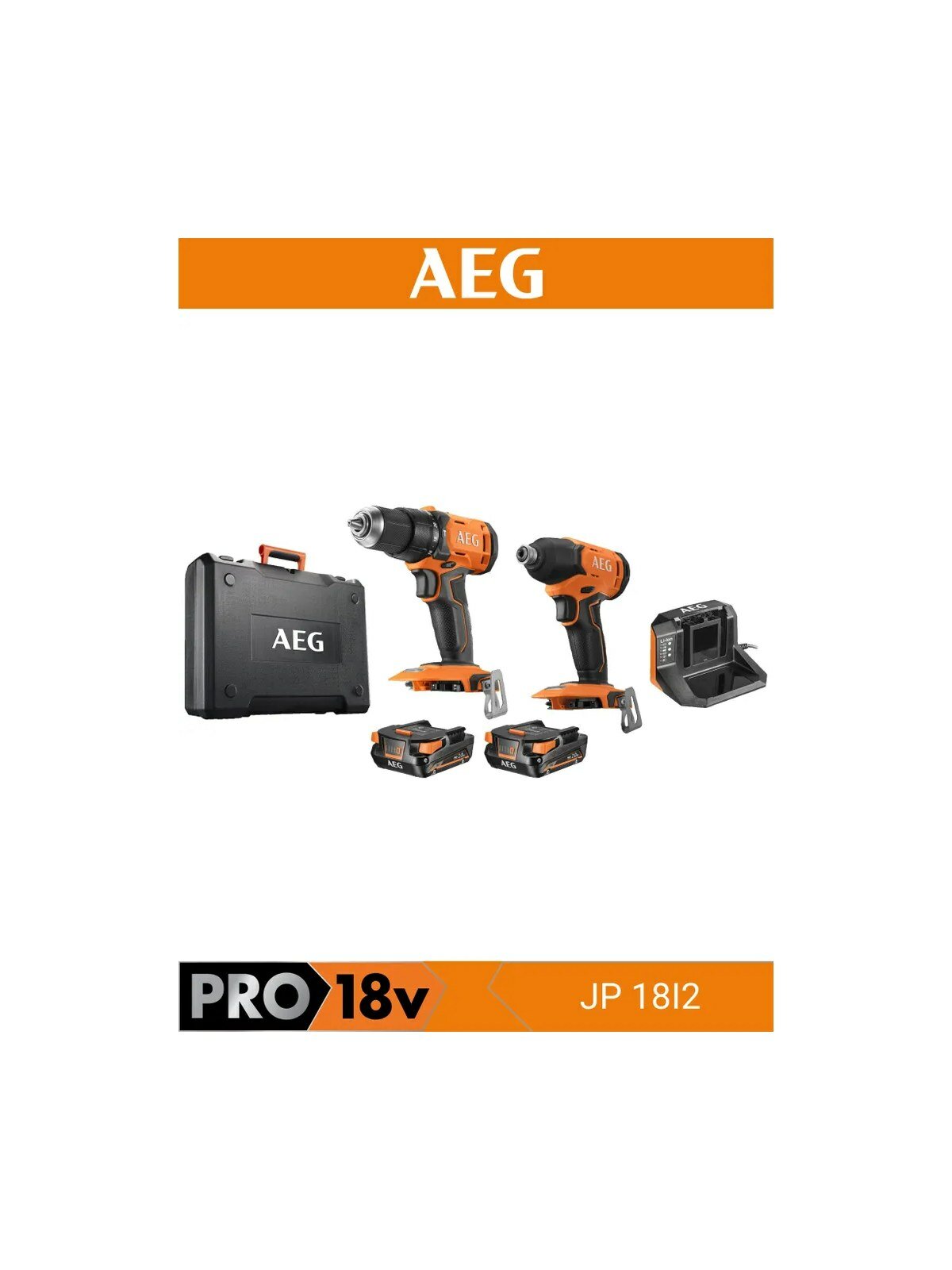 Набор электроинструментов AEG JP18I2-202C, 18 В, 2x2.0 Ач, дрель-шуруповерт и ударная дрель, с АКБ и ЗУ, арт. 4935479197