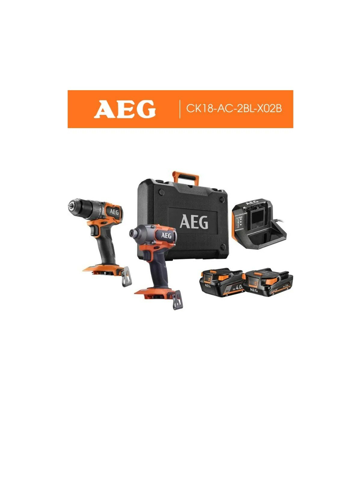 Набор аккумуляторного инструмента AEG CK18-AC-2BL-X02B (BSB18SBL2 + BSS18C3B3), (2.0Ач + 4.0Ач) арт. 4935499435
