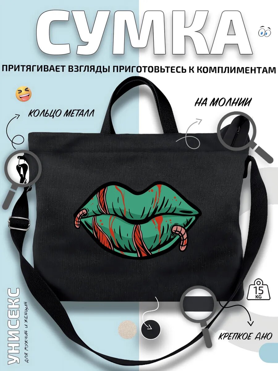 Сумка шоппер  Губы в крови и швах с флагом