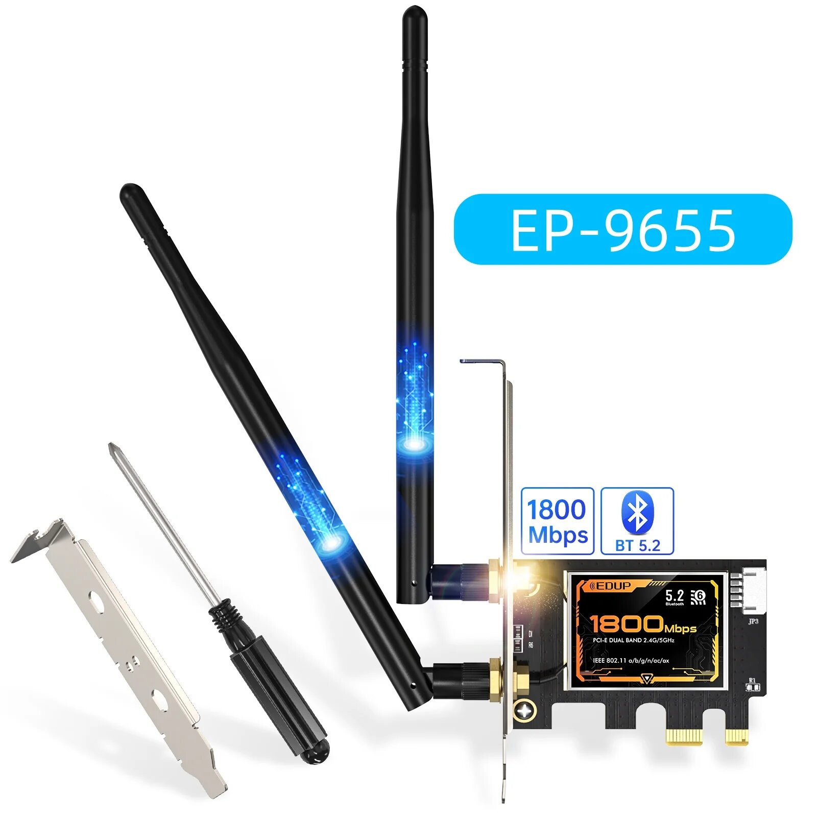 Сетевая Карта EDUP 9655 AX1800 WiFi6 Bluetooth 5.2 PCI-E, Двухдиапазонная, С 2*6dBi Антеннами