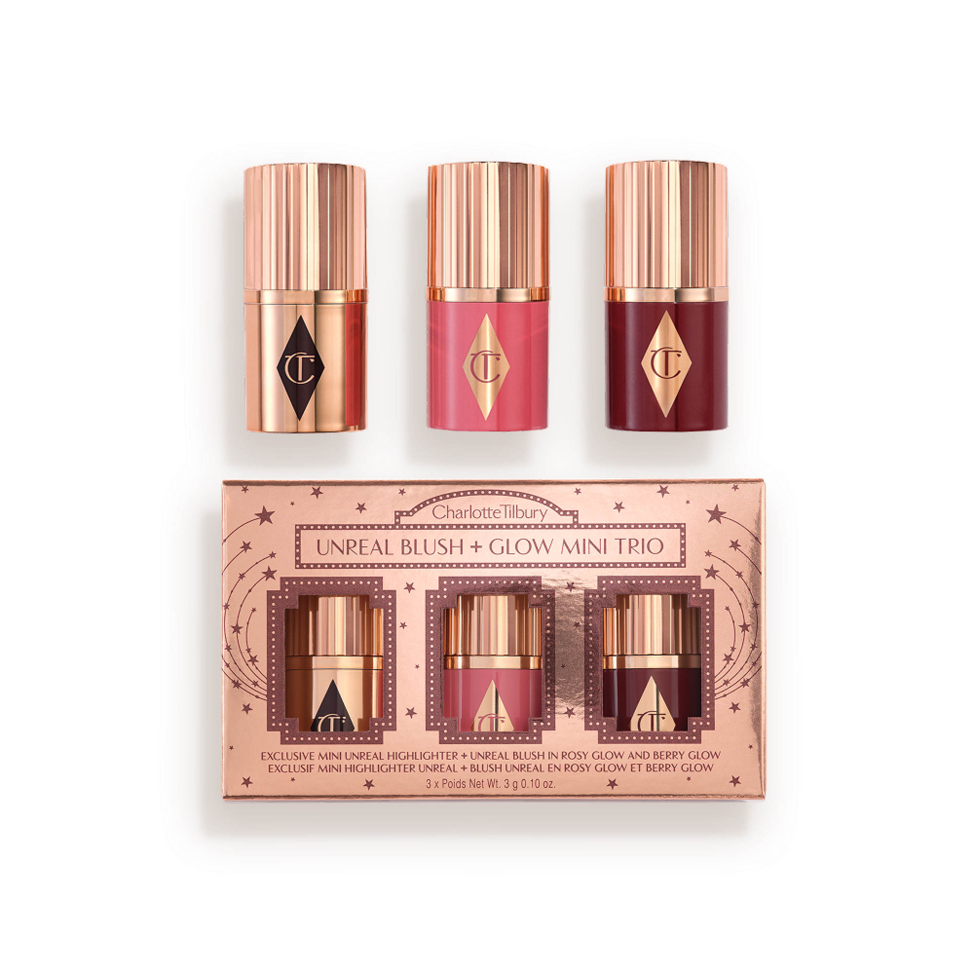 Набор кремовых румян и хайлайтер в мини формате Charlotte Tilbury Unreal Blush + Glow Mini Trio, 3х3г