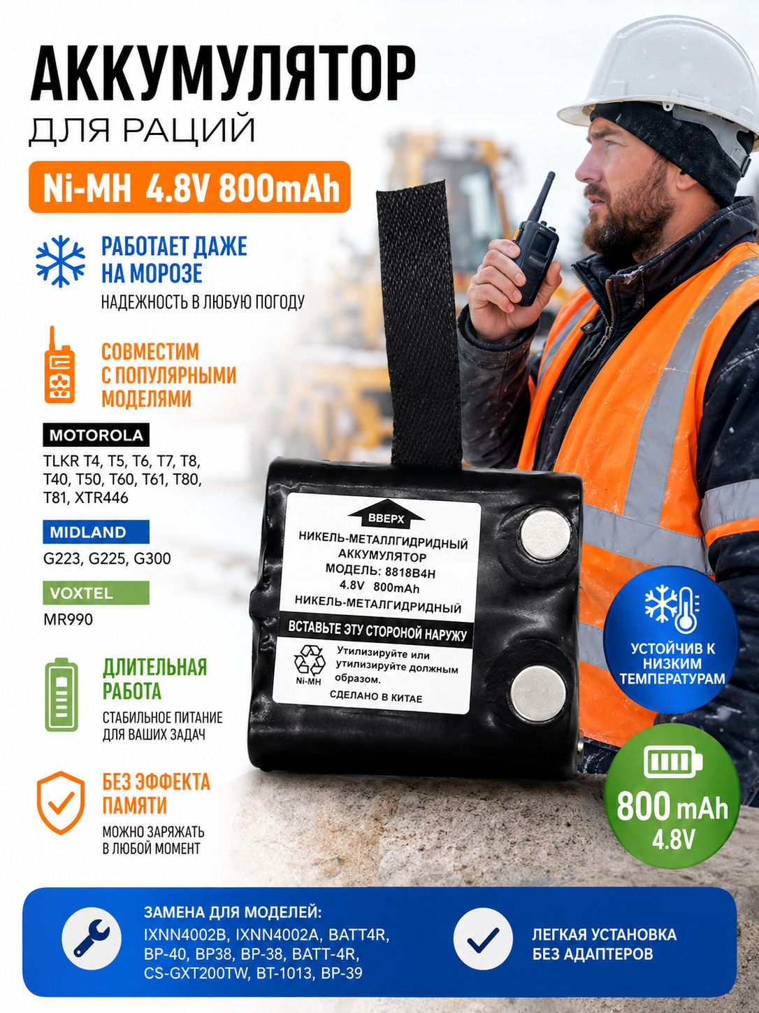 Никель-металлогидридный аккумулятор IXNN4002B 4,8В 800мАч для раций Motorola, Midland, Voxtel