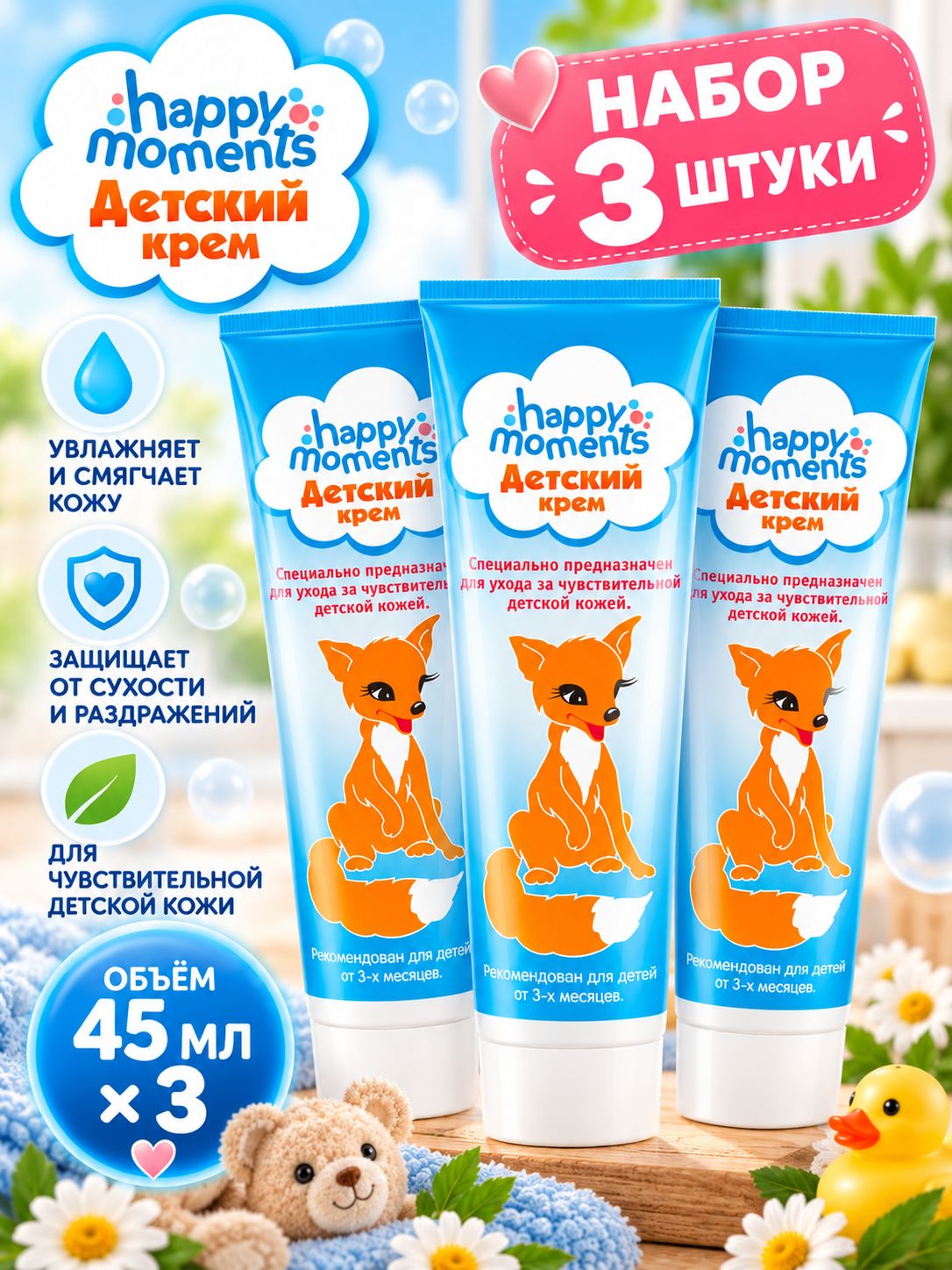 Набор 3 шт Happy moments Детский крем Лисичка 3+ месяца 45 мл