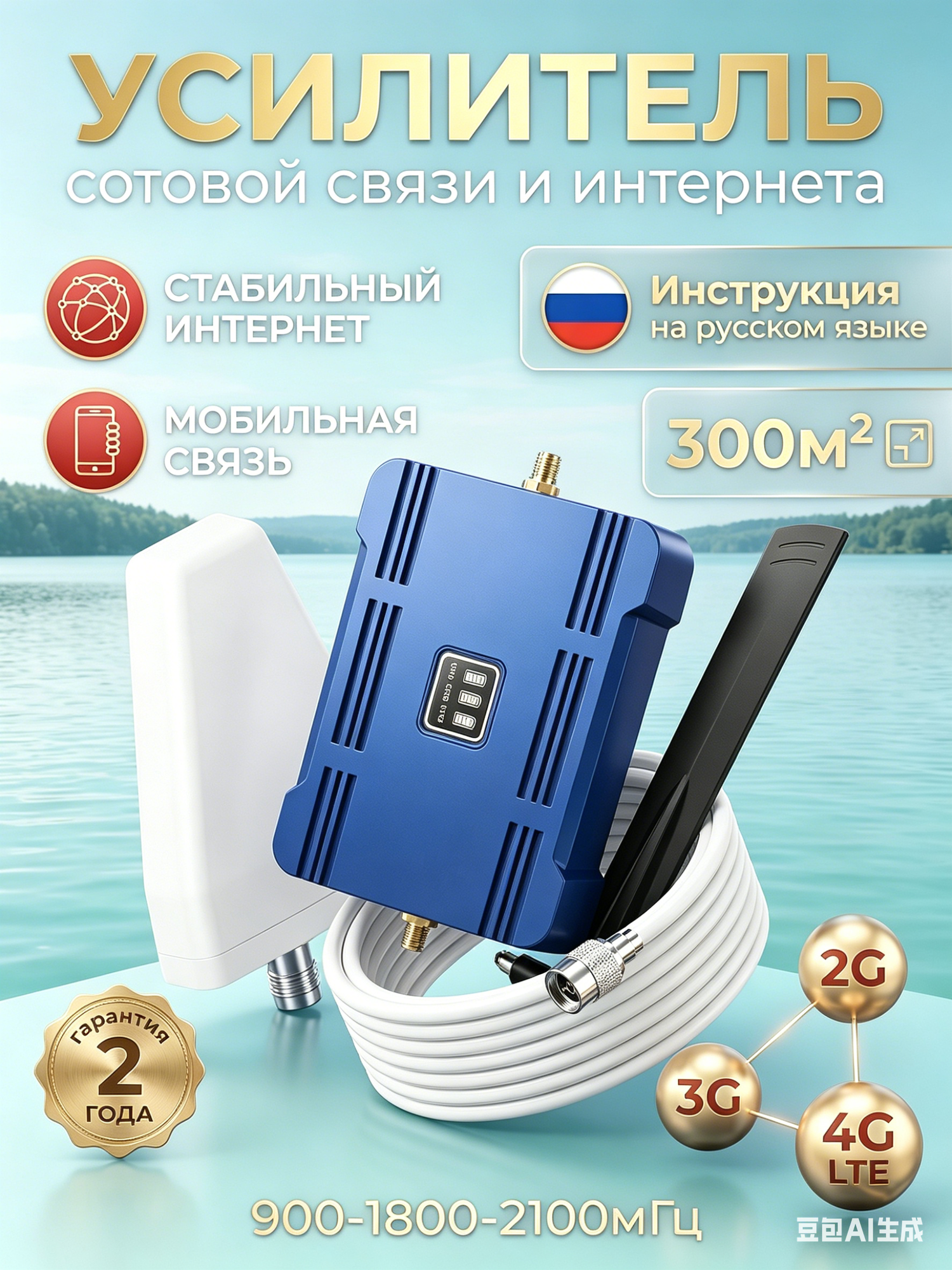 Усилитель сотовой связи 900/1800/2100 МГц (2G/3G/4G): до 70 км, направленный, синий, 1.3 кг