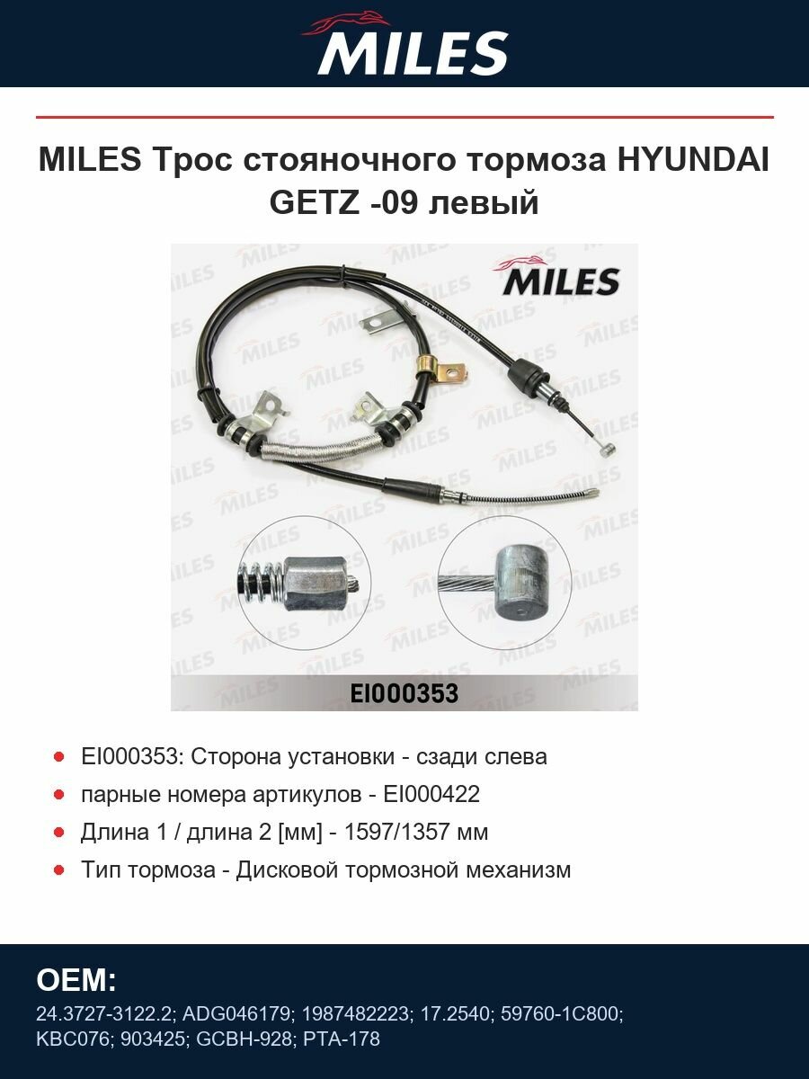 MILES Трос стояночного тормоза HYUNDAI GETZ -09 левый
