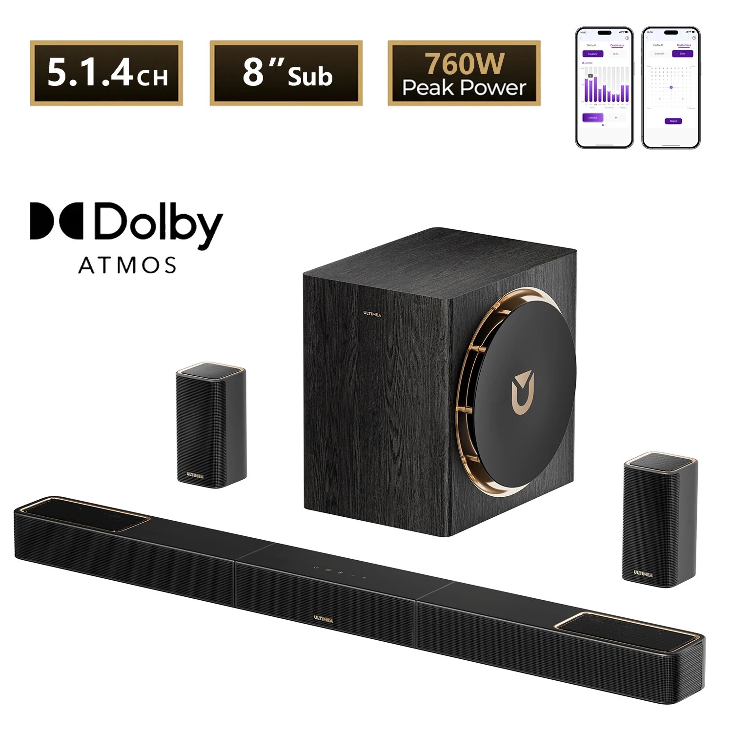 Звуковая панель системы звука ULTIMEA 7.1.4ch, Dolby Atmos и контроль через приложение, система объемного звука со сабвуфером и 2 беспроводными задними колонками