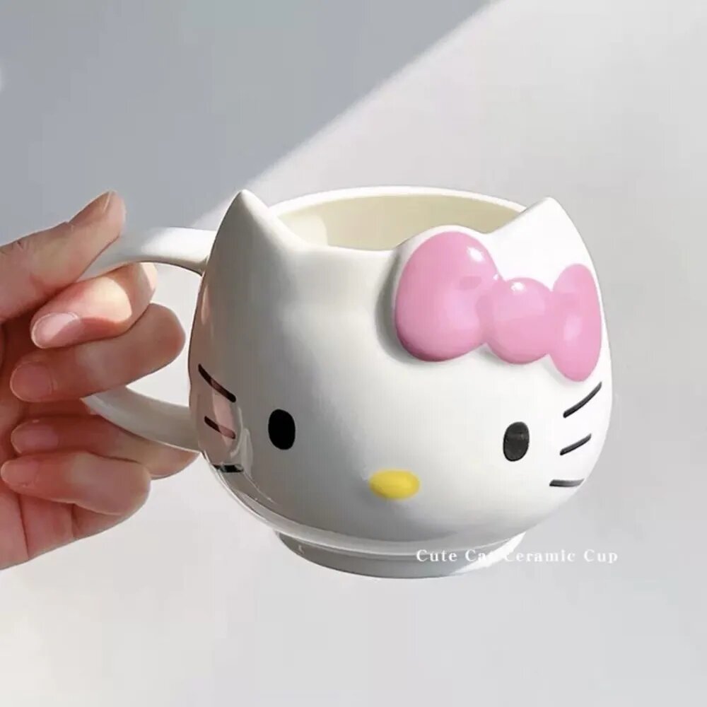 Кружка керамическая белая с розовым бантом в виде Hello Kitty, 1 шт