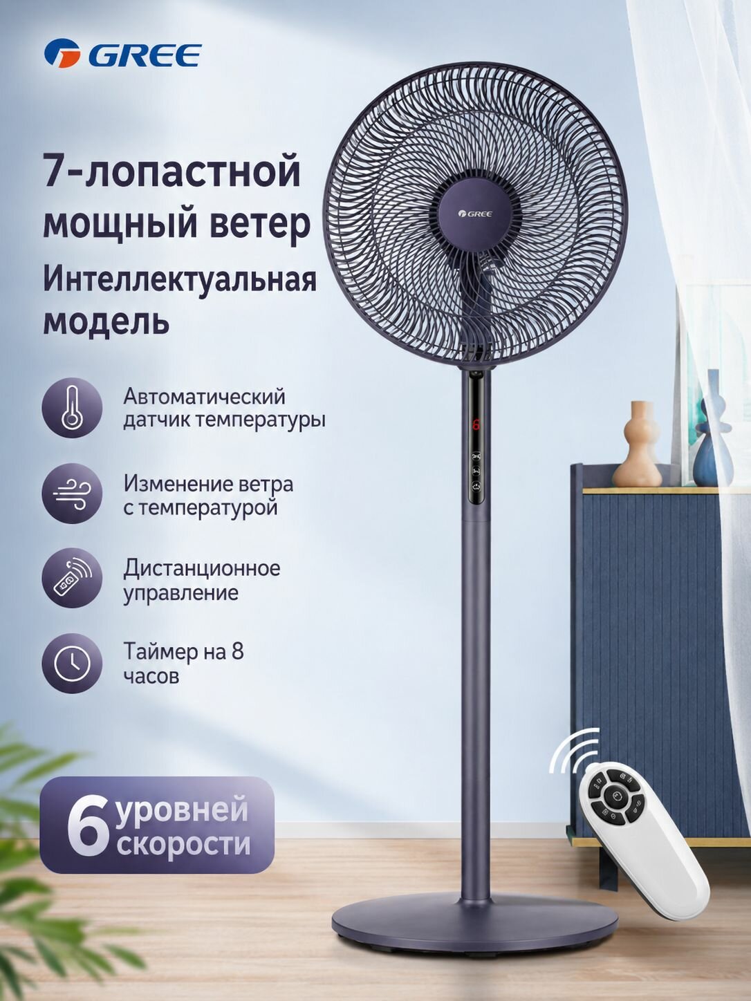 Напольный вентилятор с 7 лопастями, пульт ДУ, таймер на 8 часов, автоматический температурный датчик