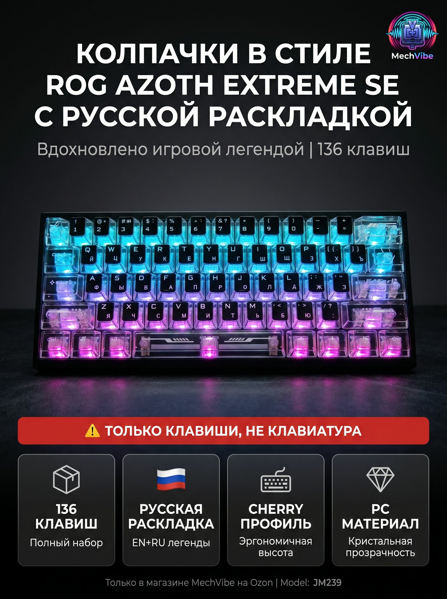 Кейкапы для механической клавиатуры, Прозрачный PC (В стиле ROG), Русская раскладка, 136 клавиш, Профиль Cherry