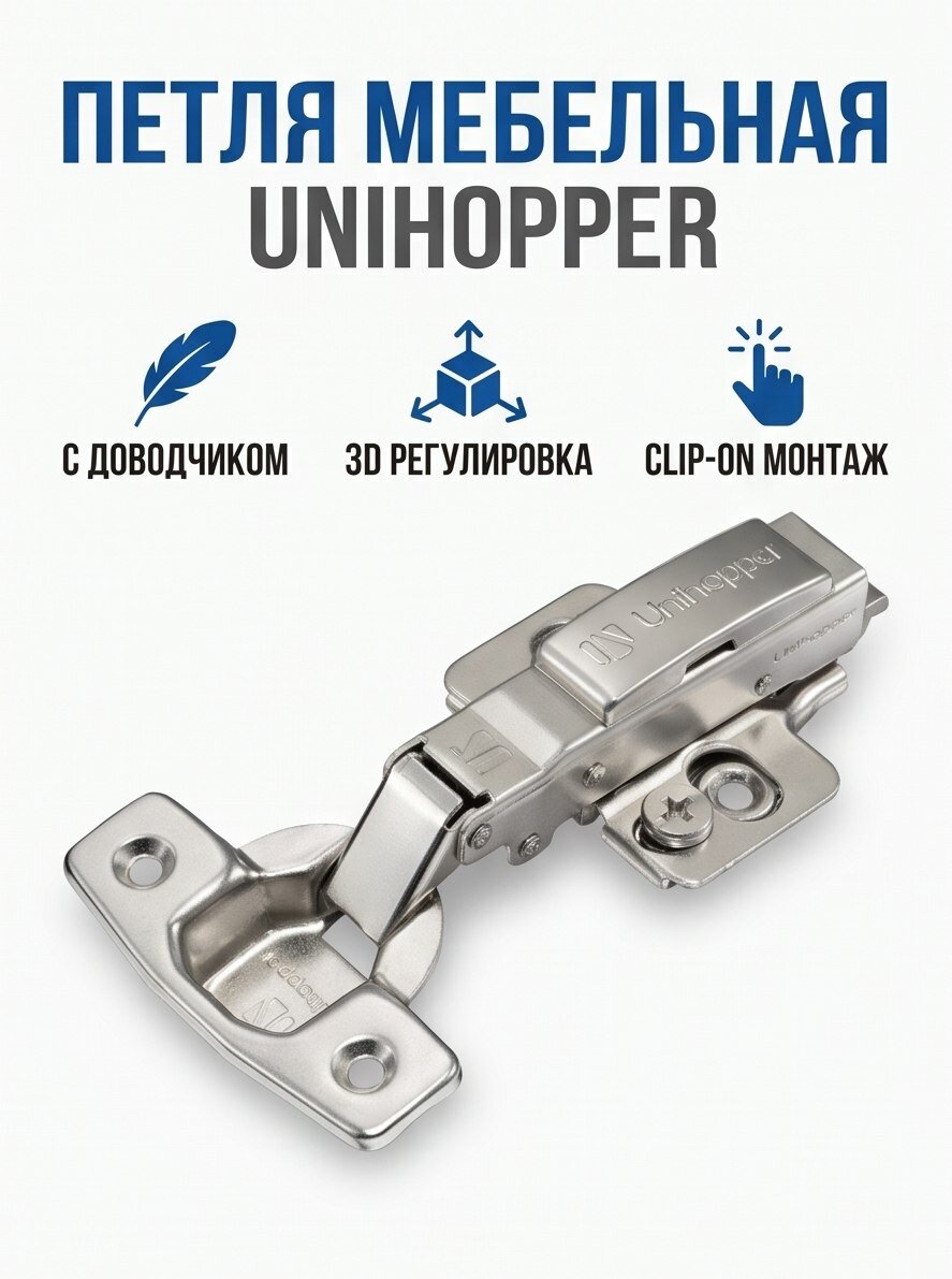 Мебельная петля UNIHOPPER накладная с доводчиком, 45мм, Clip-On, 3D регулировка