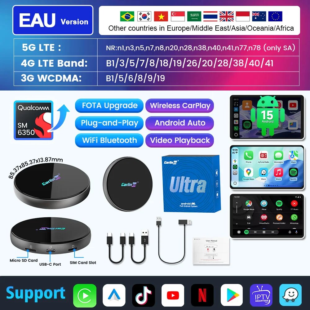 Беспроводной адаптер Carlinkit Android 15 для Android Auto, 128 ГБ, 5G CarPlay TV Box Ultra4, CarPlay AI Box, 8-ядерный процессор SM6350 для YouTube и Netflix